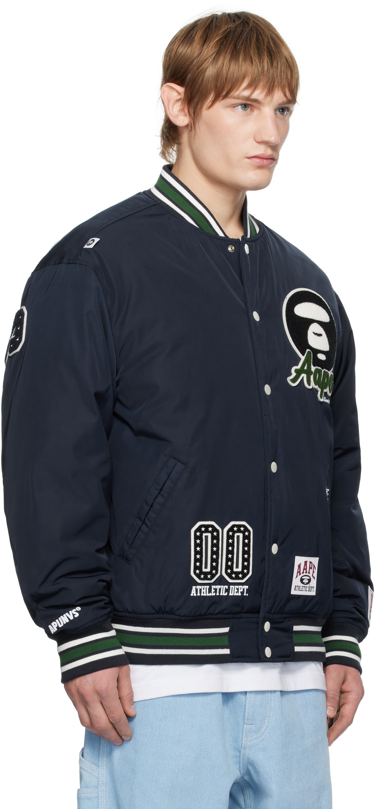 AAPE by A Bathing Ape Navy Moonface Logo Varsity Bomber Jacket AAPE by ...