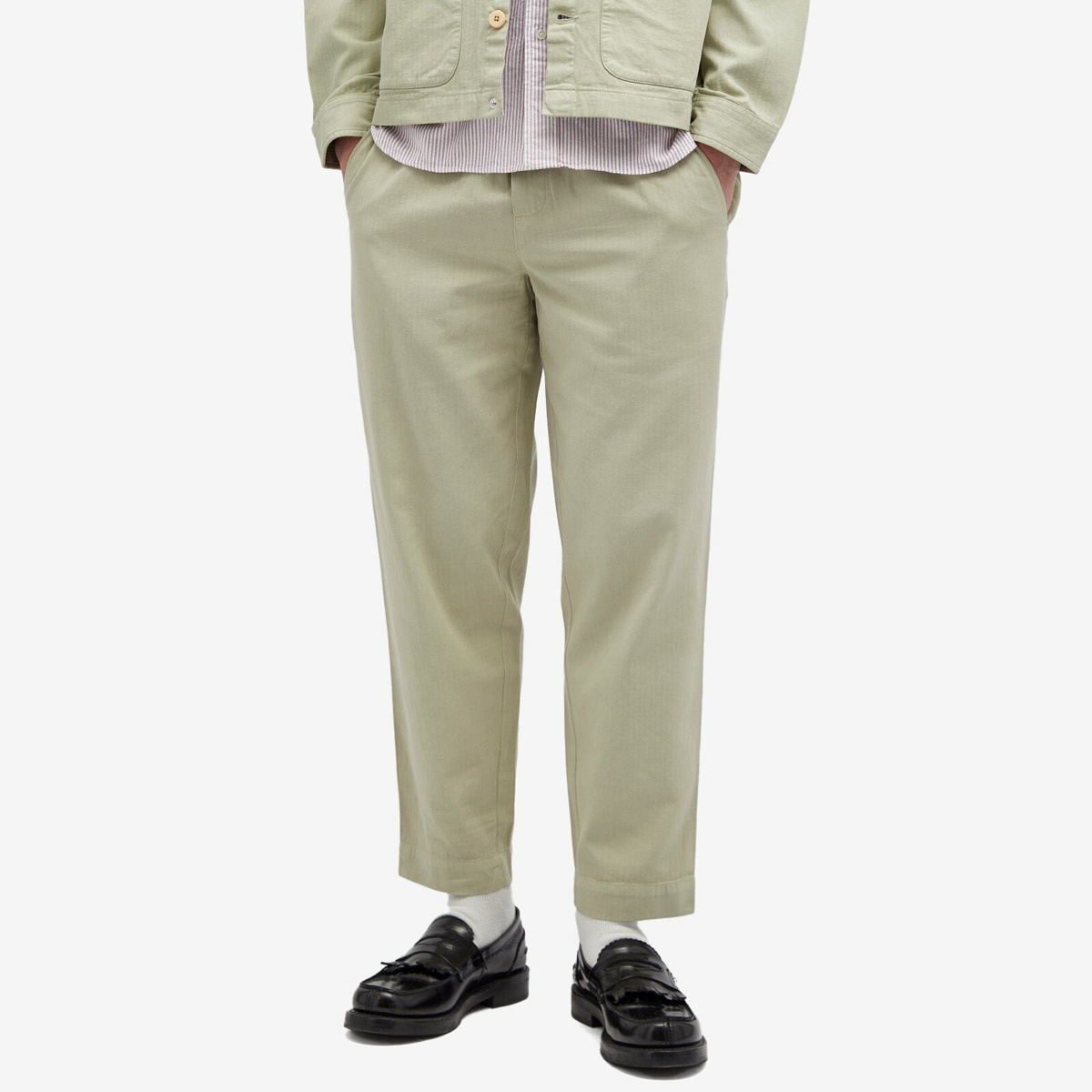 Folk Men's Herringbone Drawcord Assembly Trousers in Light Olive Folk