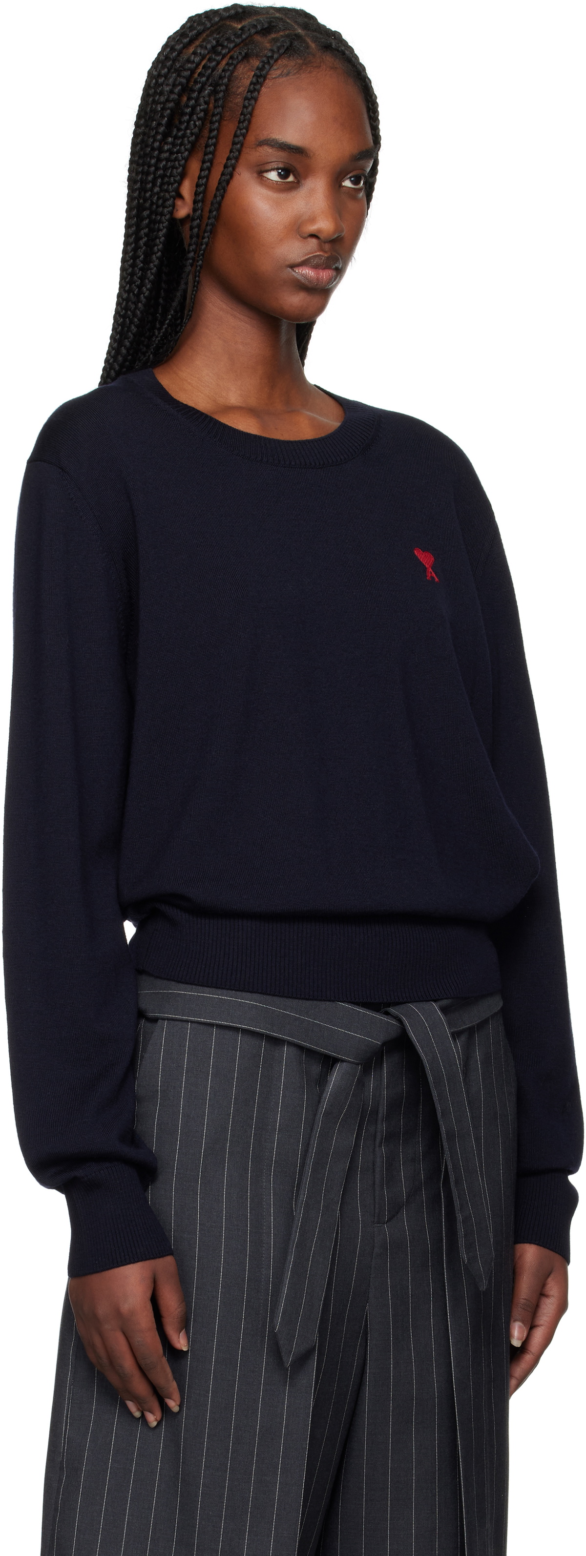 AMI Paris Navy Wool Ami de Coeur Crew Neck Sweater AMI