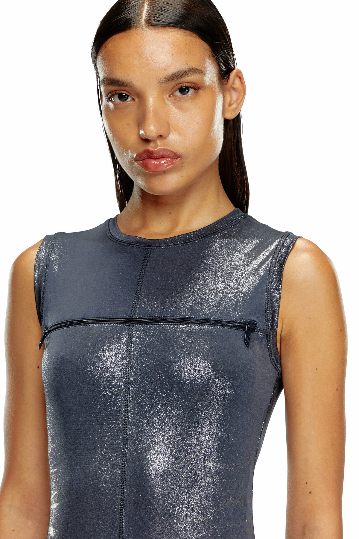 Diesel Long metallic dress with zip details - Dresses Womens in Blue Diesel