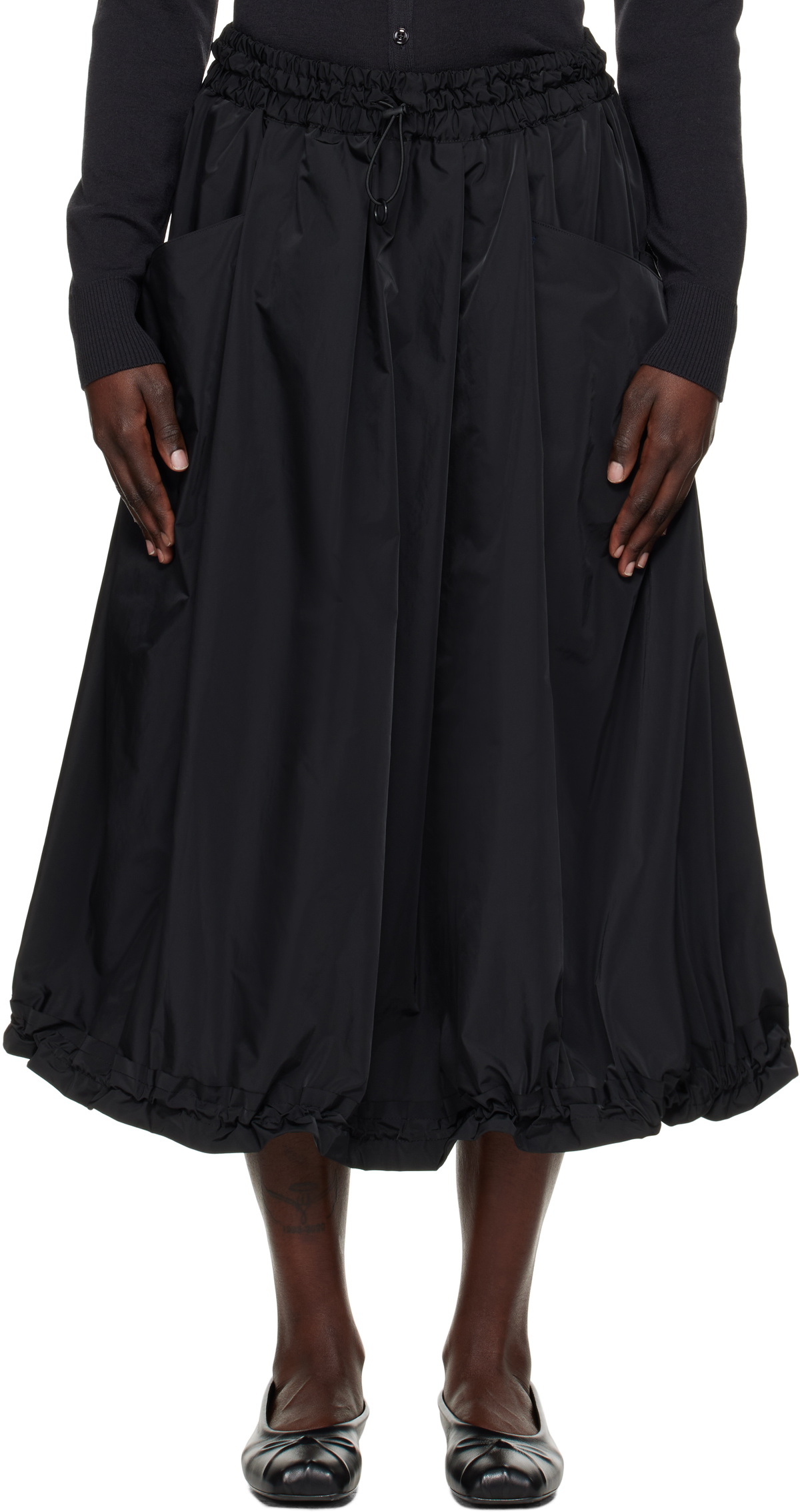 YOHJI YAMAMOTO Black PE Twill R-Volume Midi Skirt Yohji Yamamoto