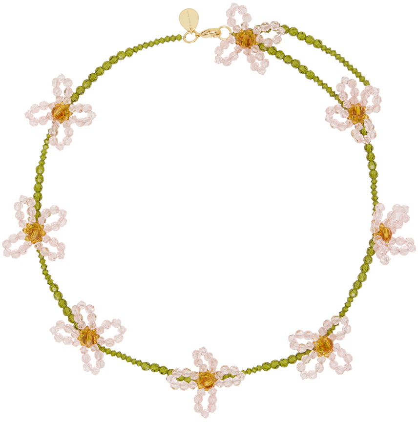 Simone Rocha Green & Pink Beaded Flower Necklace Simone Rocha