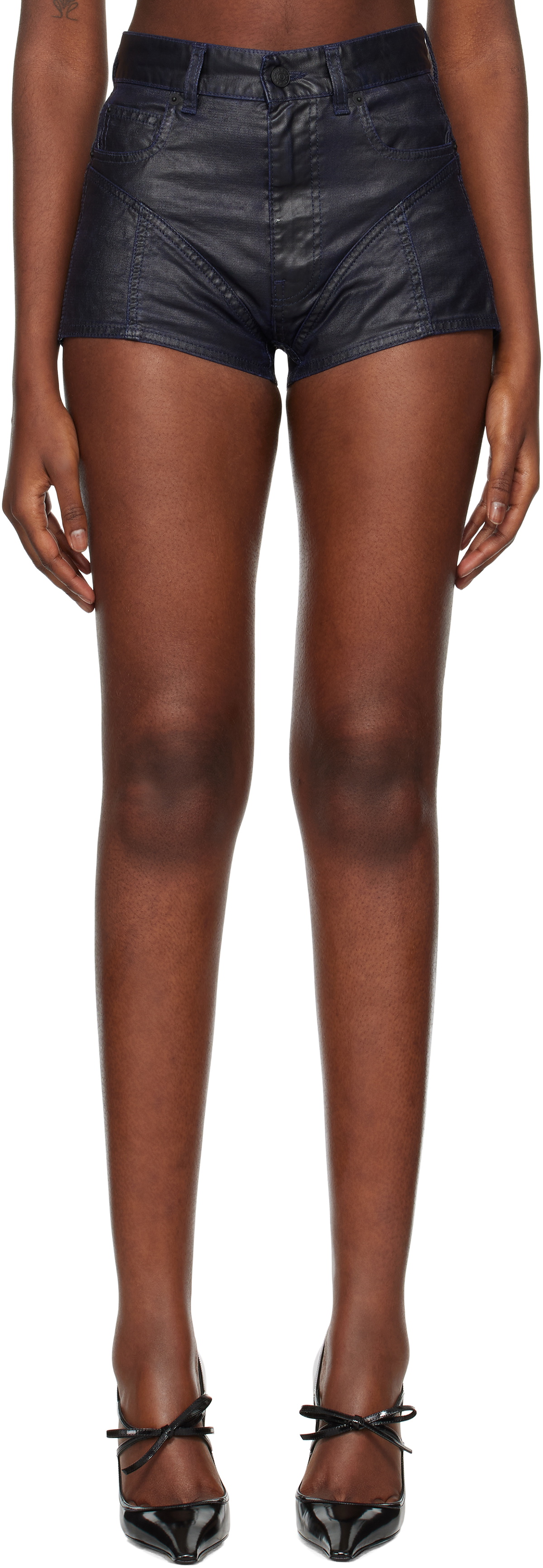 Mugler Navy Bi-Material Denim Shorts Mugler