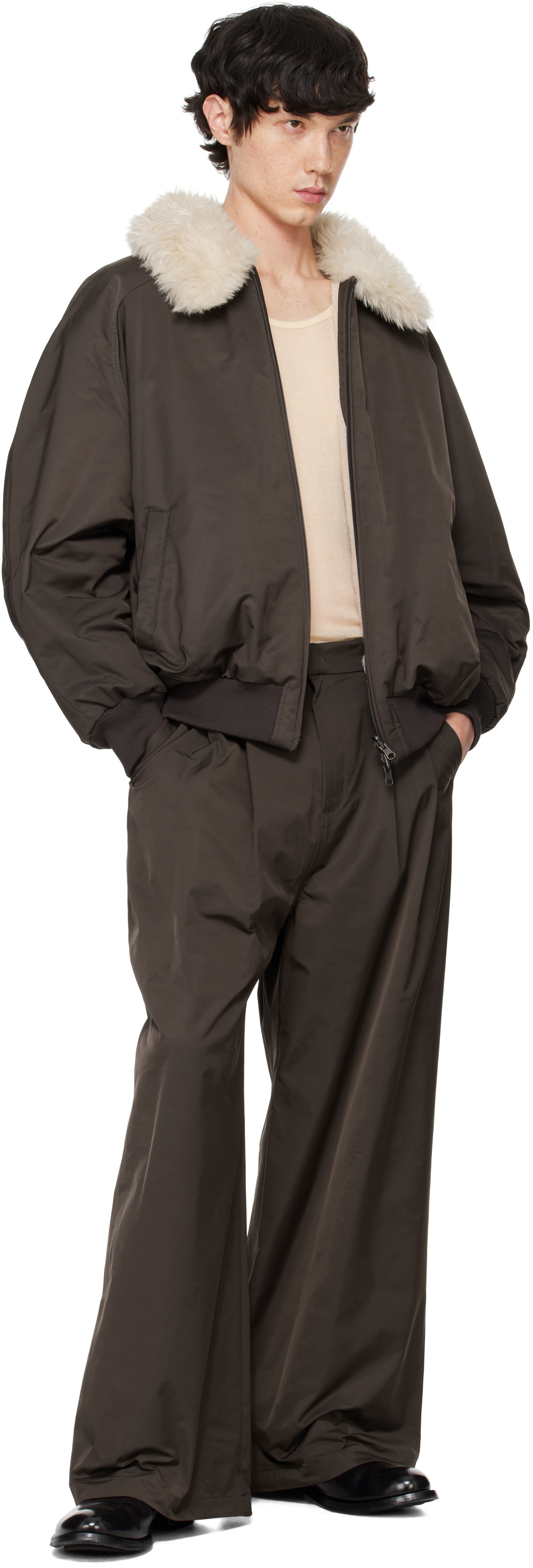 AMOMENTO Brown Oversized Shearing Reversible Bomber Jacket AMOMENTO