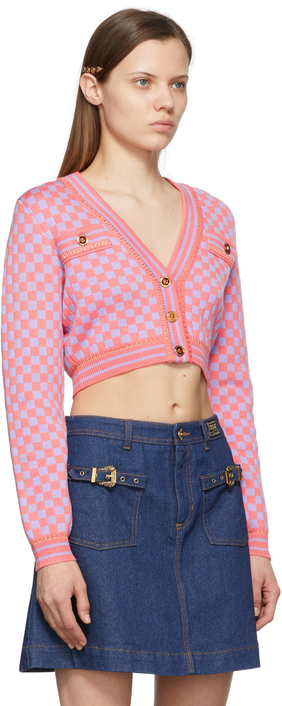 Versace Pink & Purple Checkboard Cropped Cardigan Versace