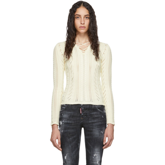 Dsquared2 White Lace-Up V-Neck Sweater Dsquared2