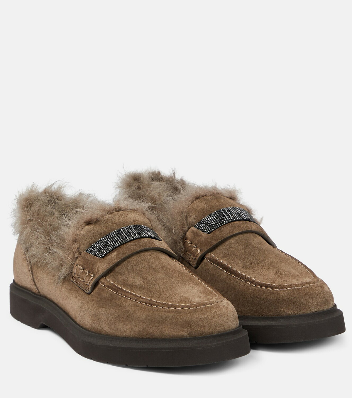 Brunello Cucinelli Shearling-trimmed suede loafers Brunello Cucinelli