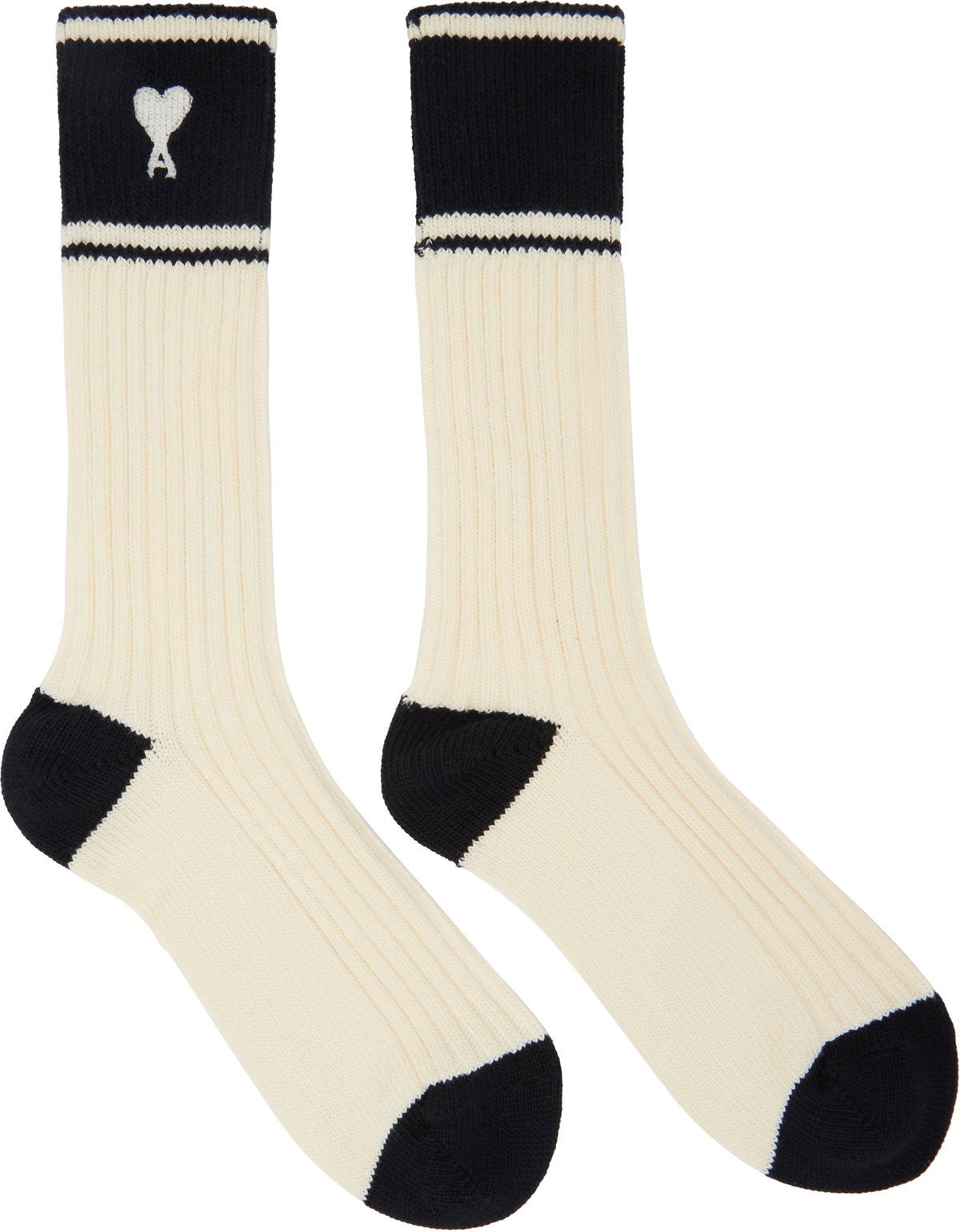AMI Paris Off-White Cotton Ami de Coeur Striped Socks AMI