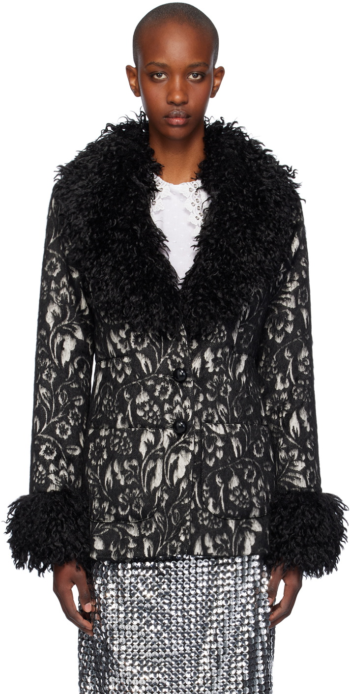 Anna Sui Black Curly Faux-Fur Trimmed Jacket Anna Sui