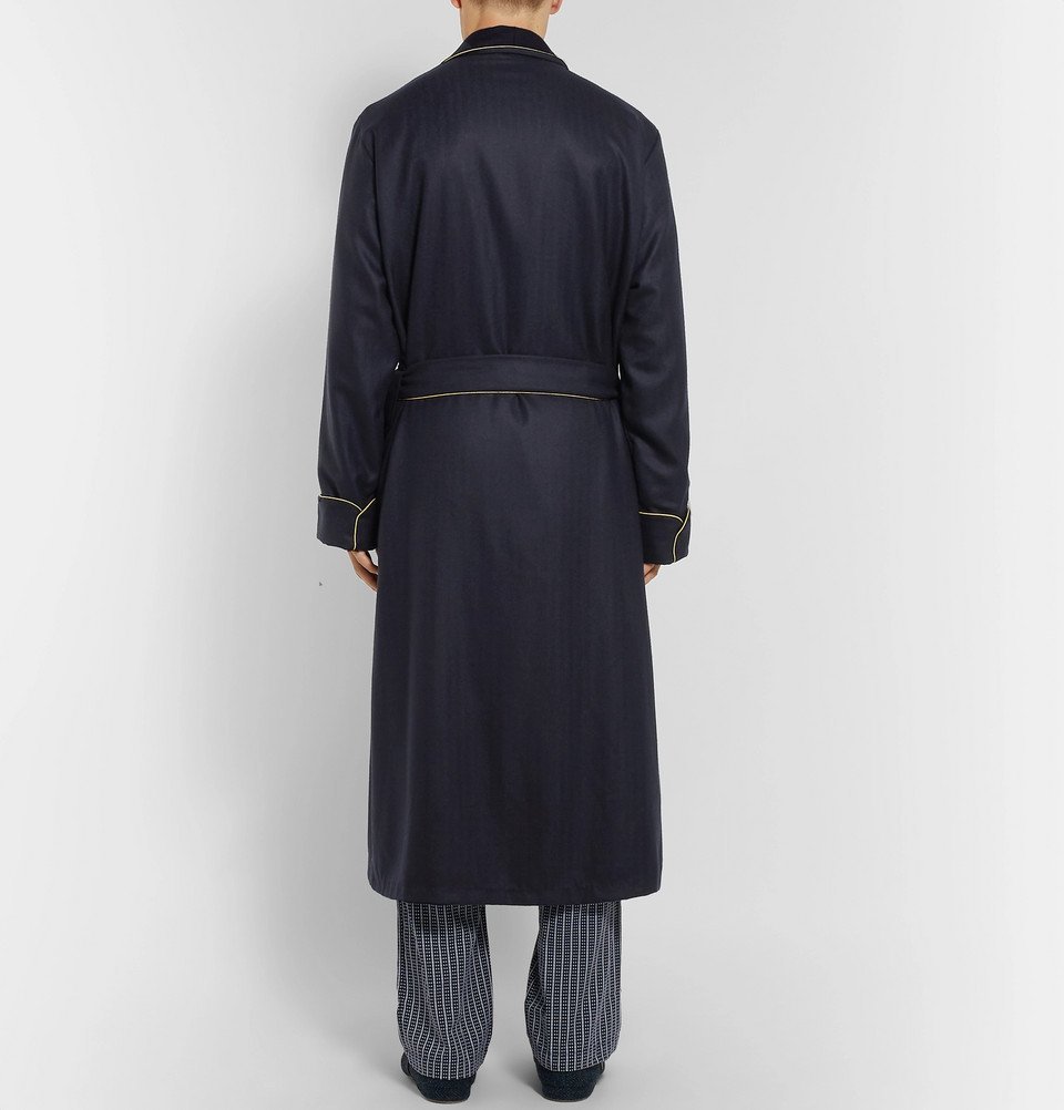 Derek Rose - Duke Silk-Trimmed Herringbone Cashmere Robe - Men - Navy ...