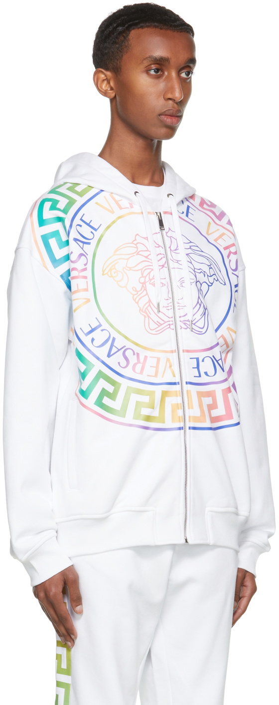 Versace White & Multicolor Medusa Zip-Up Hoodie Versace