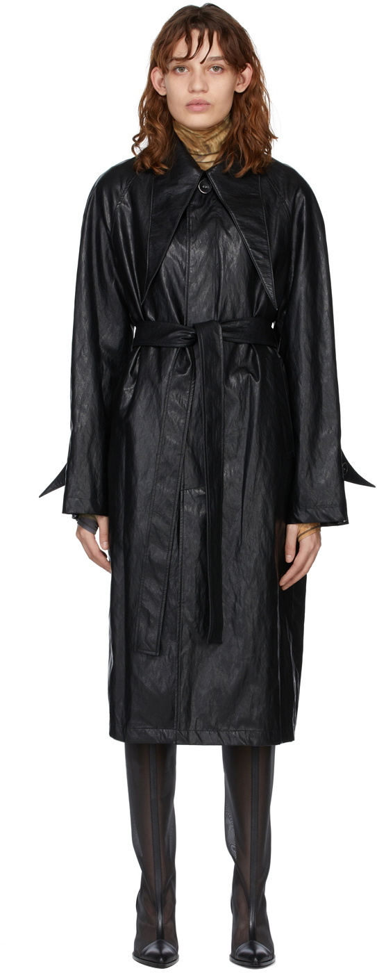 KIMHĒKIM Black Vegan Leather Elf Trench Coat KIMHĒKIM