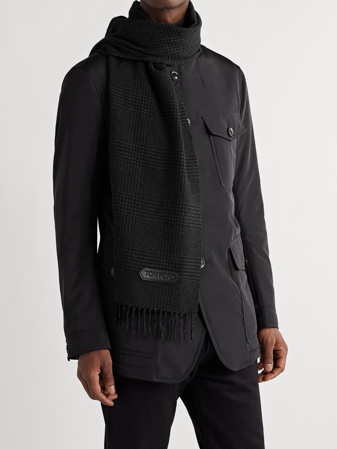 TOM FORD - Logo-Appliquéd Fringed Prince of Wales Checked Cashmere and ...