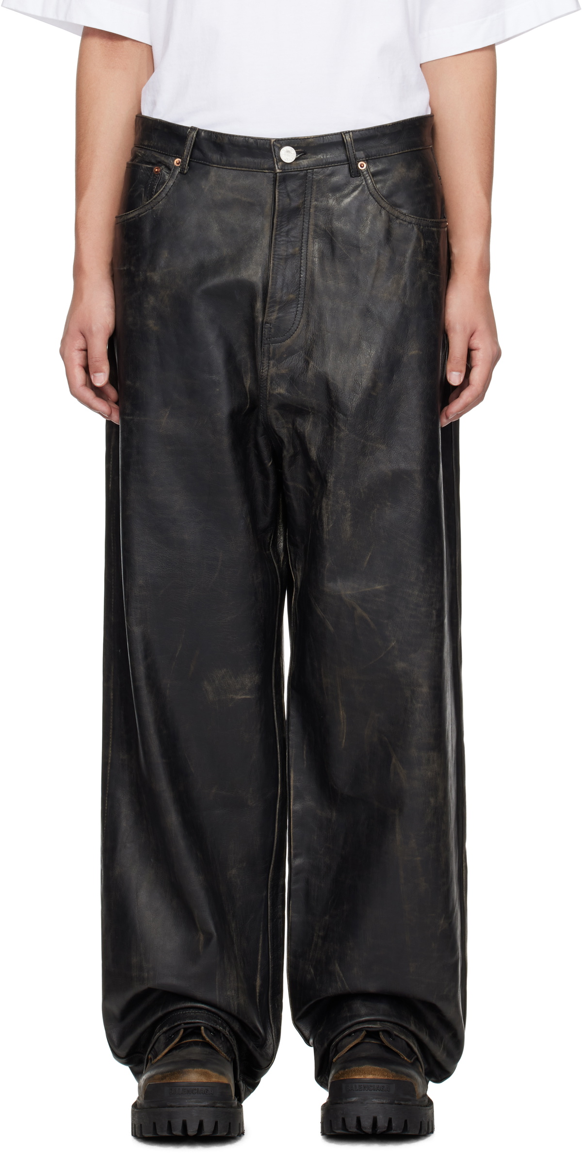 VETEMENTS Black Distressed Leather Pants Vetements