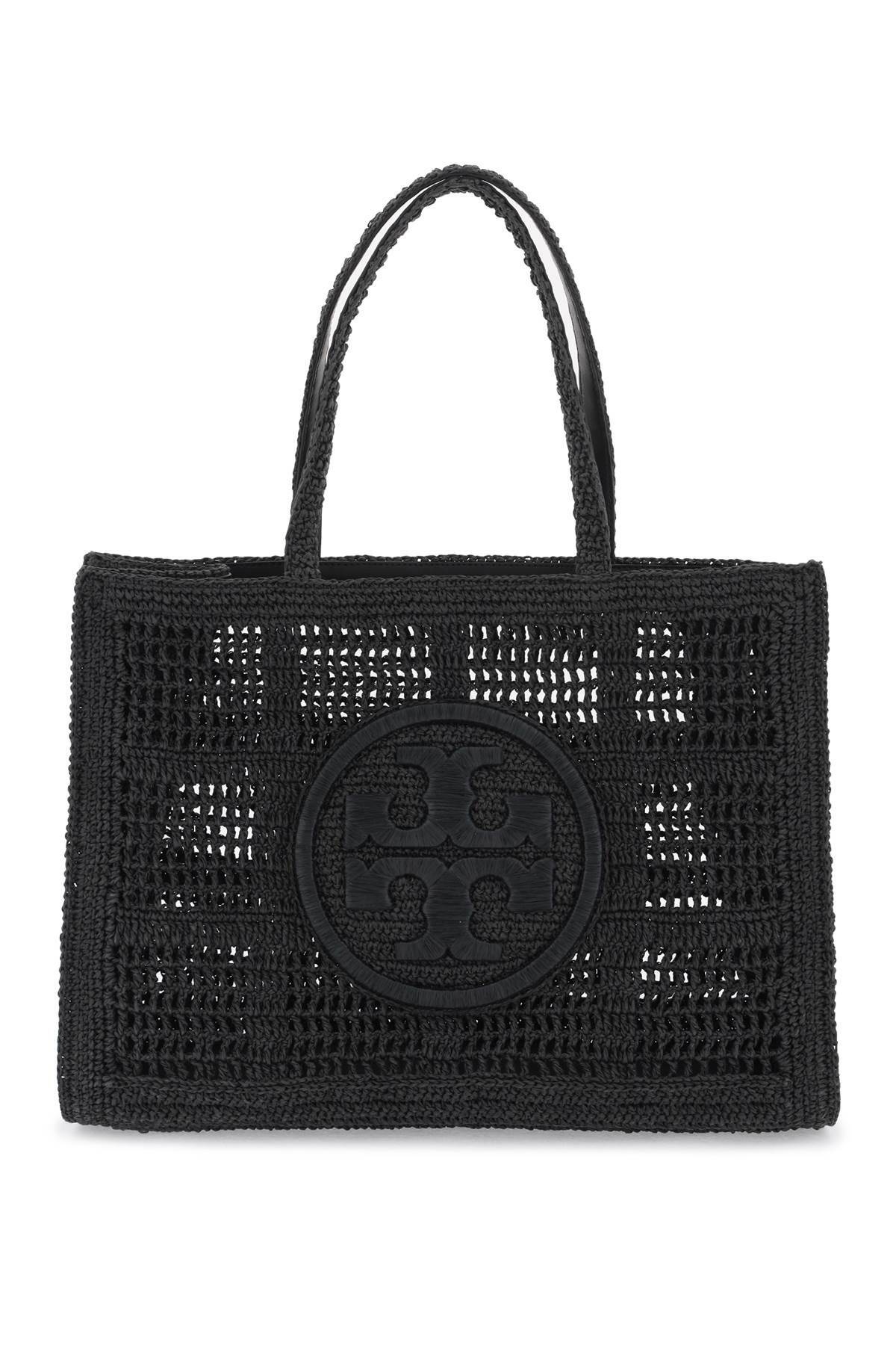 TORY BURCH ella crochet raffia tote bag in Black Tory Burch