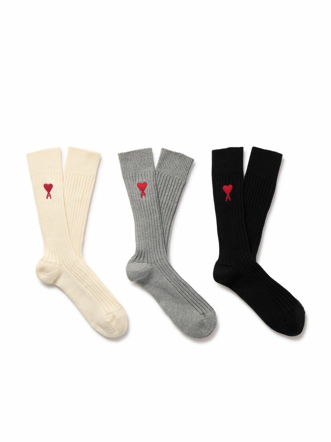 AMI PARIS - Three-Pack Logo-Embroidered Ribbed Cotton-Blend Socks ...