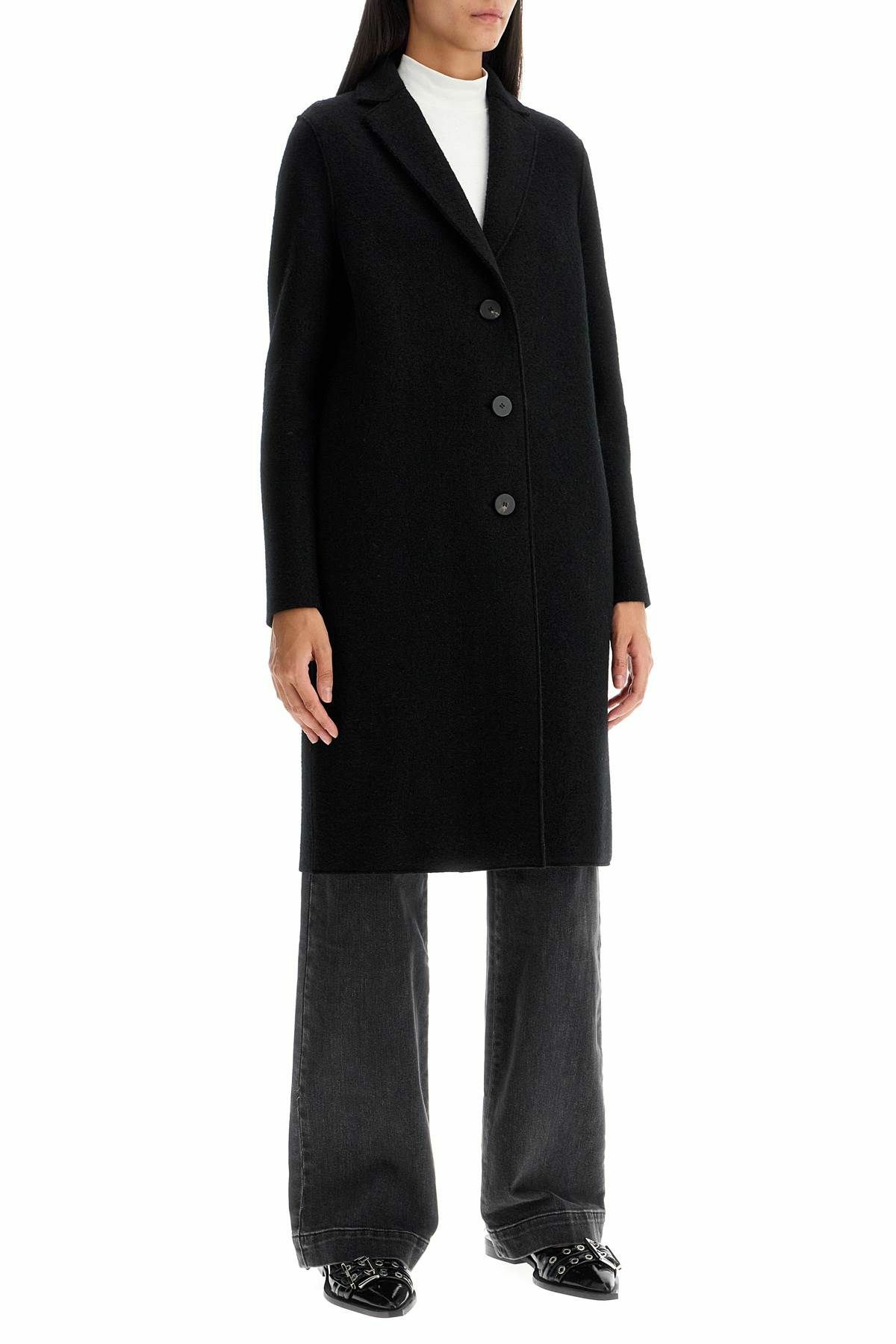 HARRIS WHARF LONDON single-breasted wool coat in boiled Black Harris ...