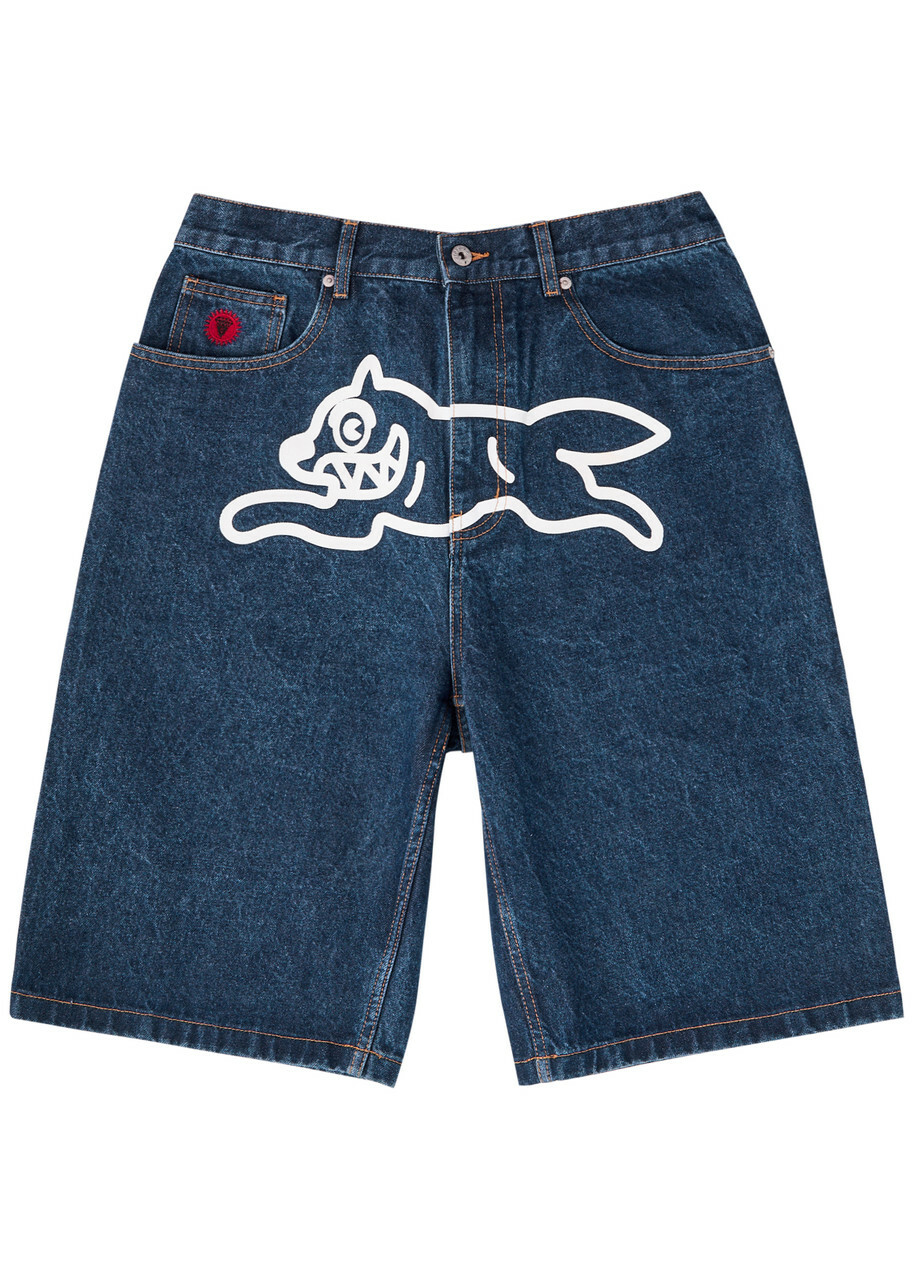 Ice Cream Running Dog Printed Denim Shorts Indigo ICECREAM
