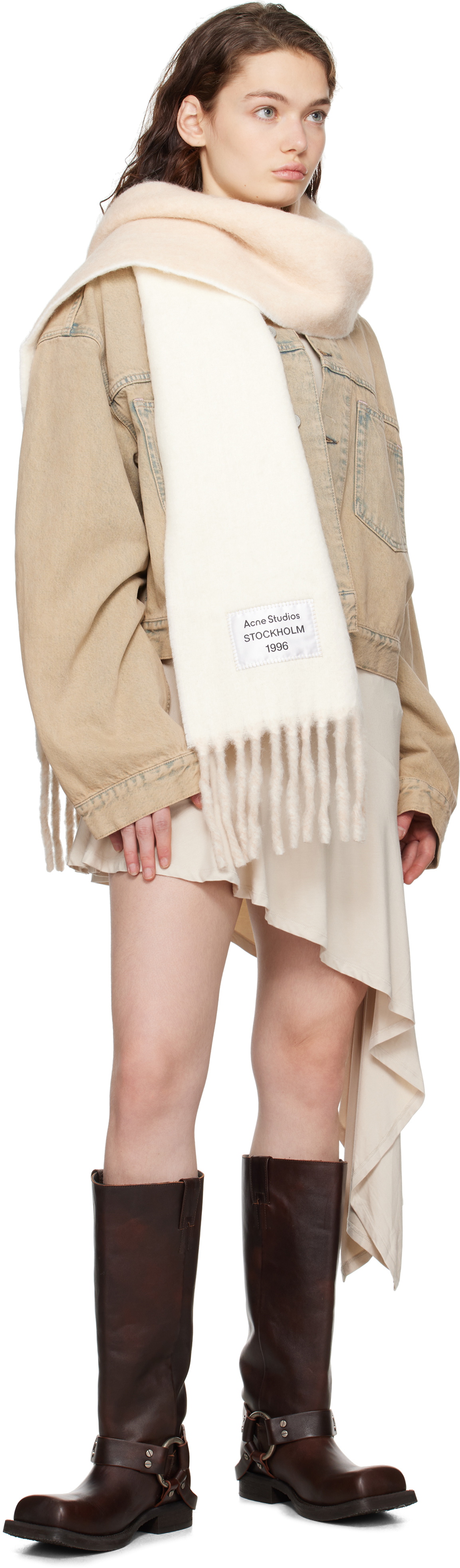 Acne Studios Off-White & Beige Fringed Logo Label Scarf Acne Studios