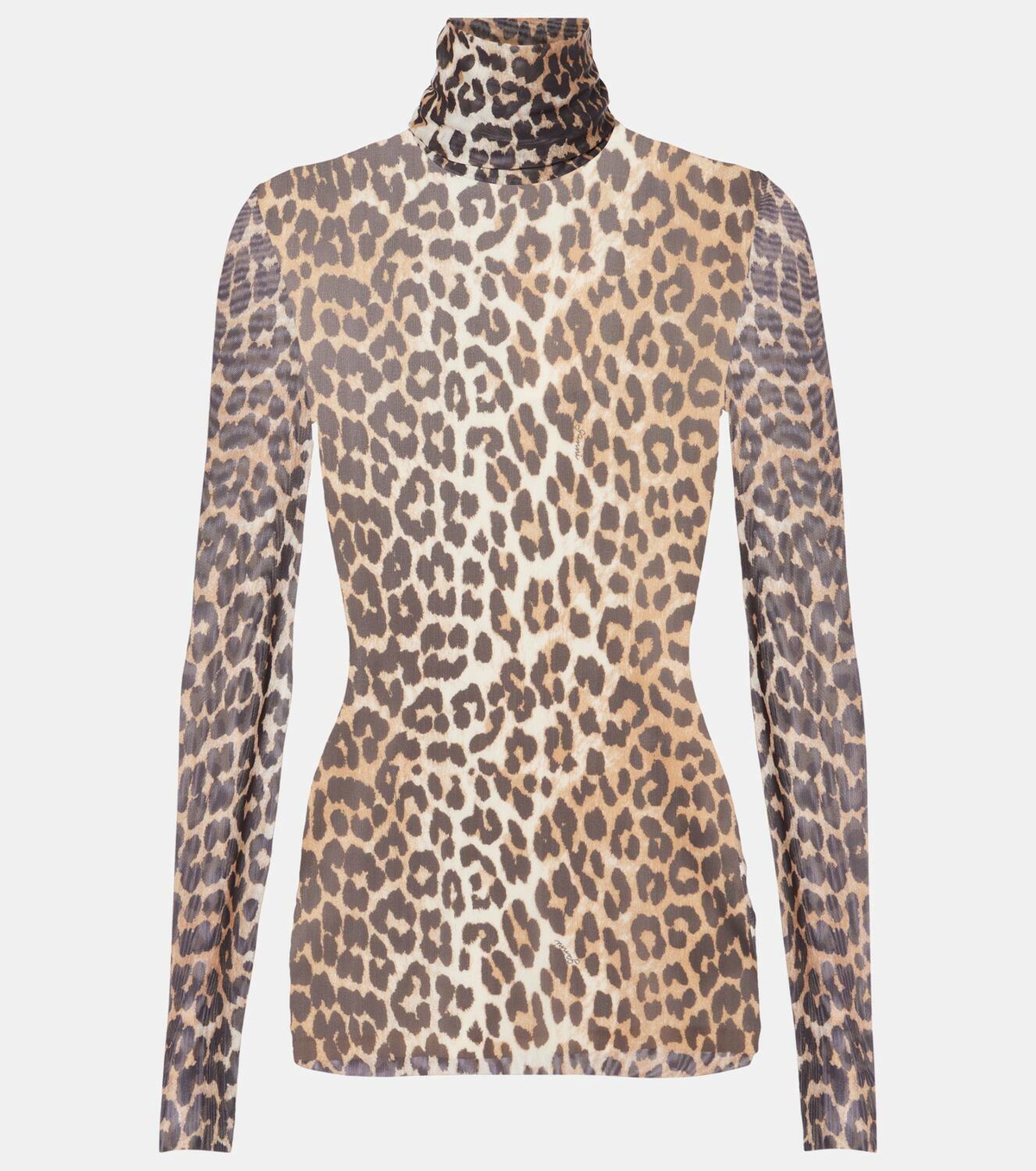 Ganni Leopard-print mesh turtleneck top GANNI