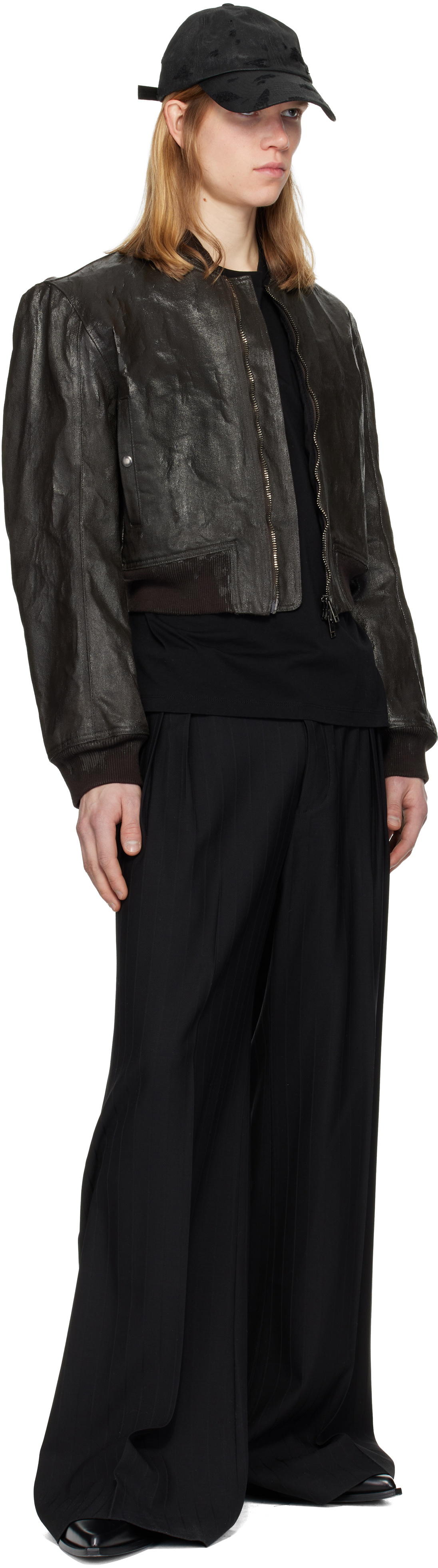 DET BLEV SENT Brown Locust Crack Waxed Denim Bomber Jacket