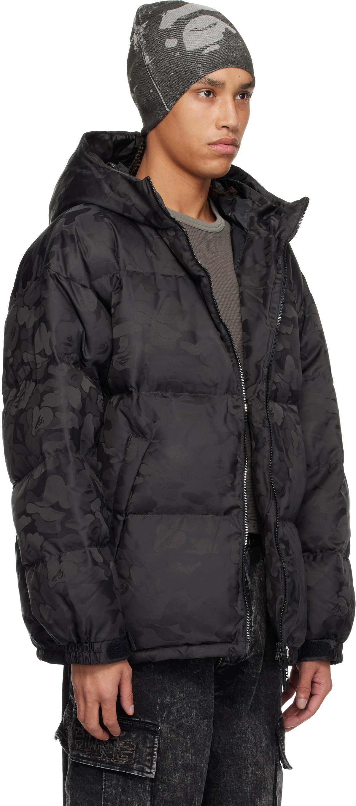 BAPE Black Solid Camo Jacquard Down Jacket A Bathing Ape