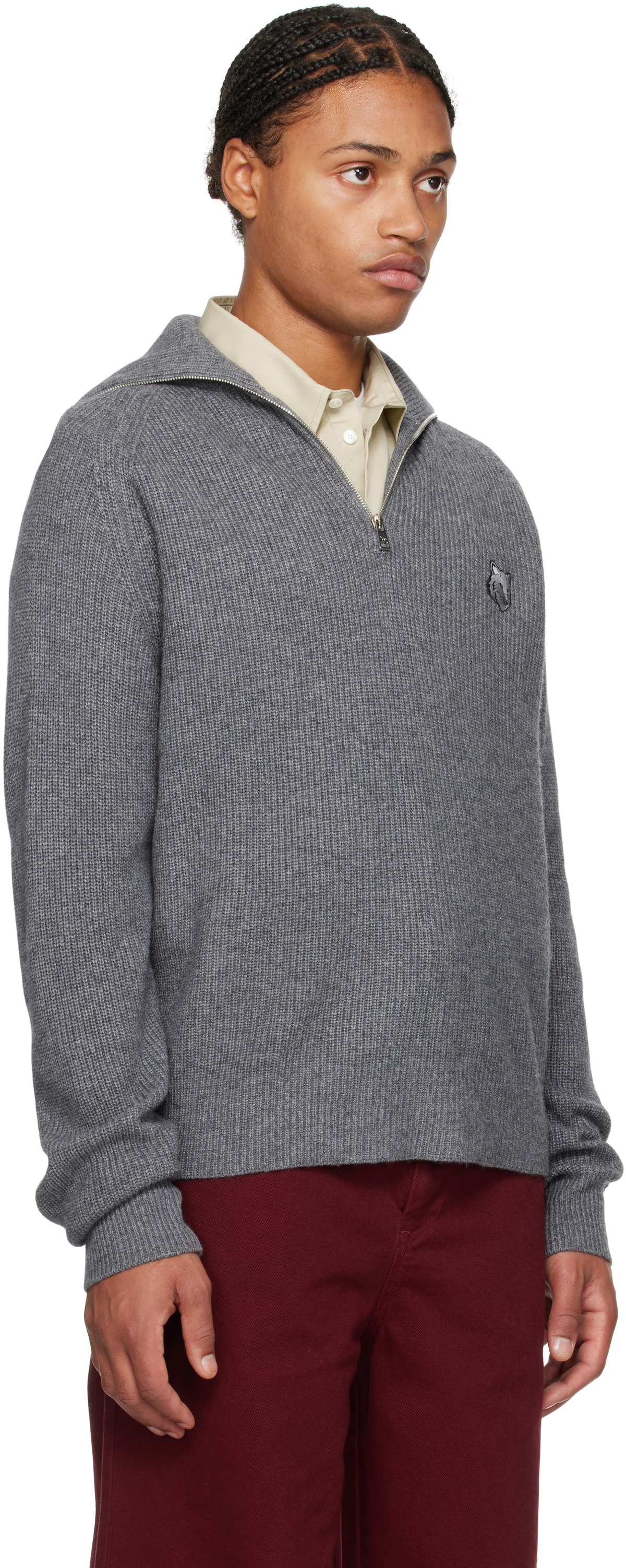 Maison Kitsuné Gray Bold Fox Head Patch Half Zip Ribbed Sweater Maison ...