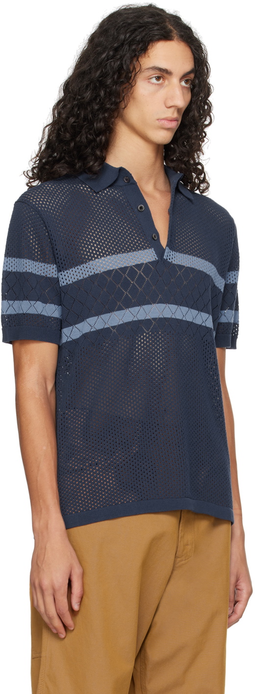 BEAMS PLUS Navy Mesh Stripe Polo Beams Plus