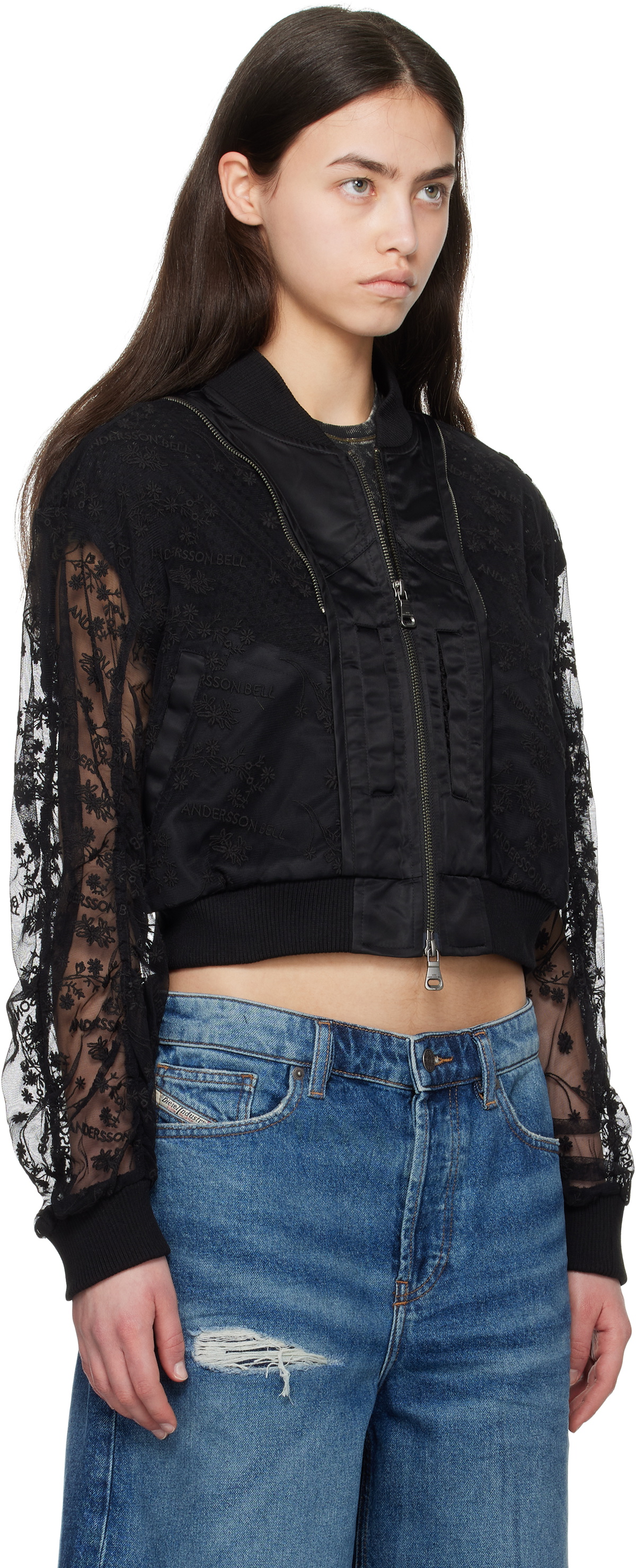 Andersson Bell Black Layered Logo Lace Short Bomber Jacket Andersson Bell