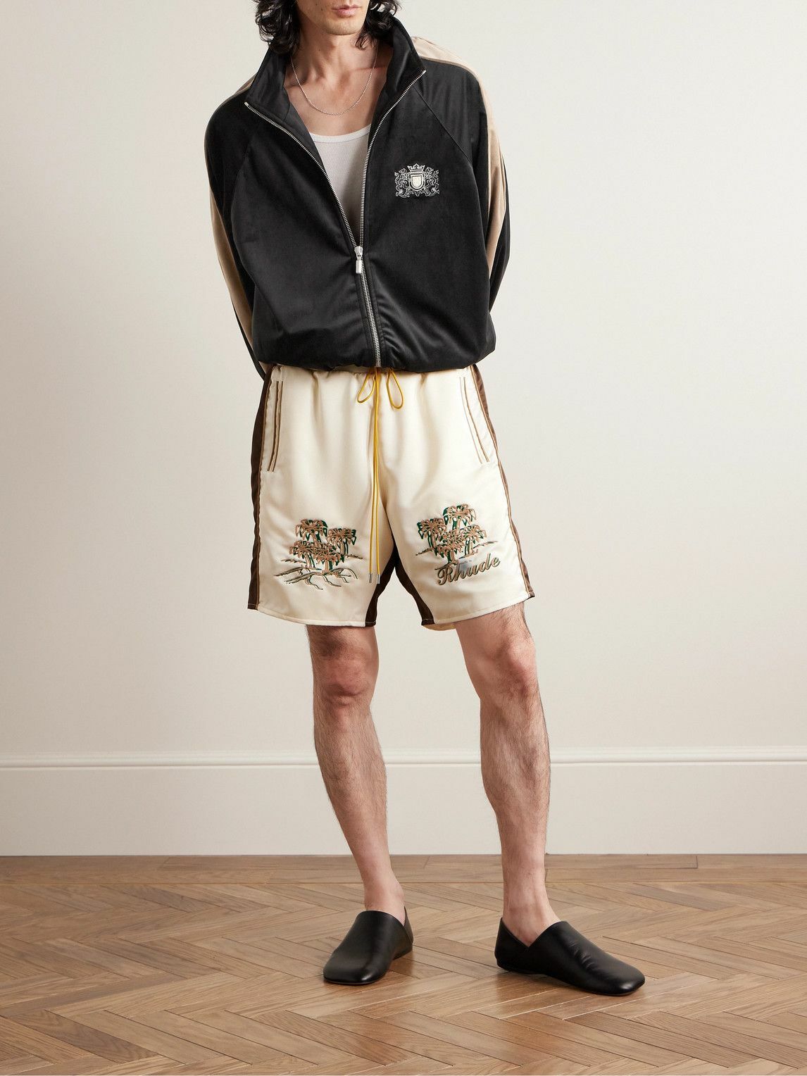 Rhude - Straight-Leg Logo-Embroidered Striped Satin Shorts - White Rhude