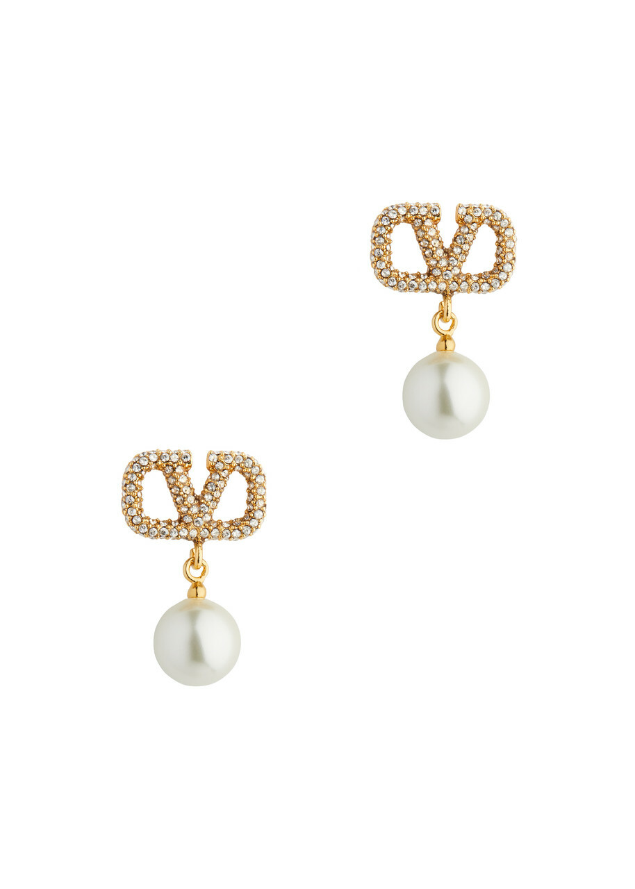 Valentino Garavani VLogo Crystal and Pearl embellished Drop Earrings Gold One Size Valentino Garavani