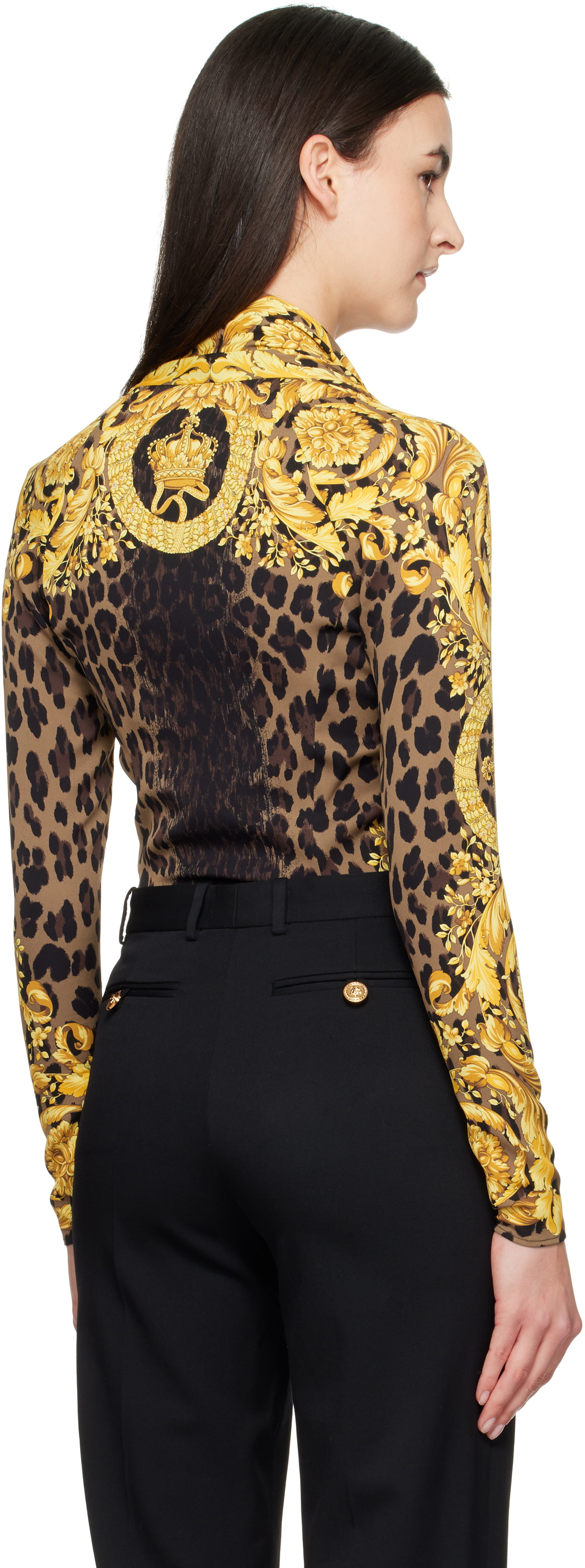 Versace Black & Gold Wild Barocco Silk Draped Bodysuit Versace