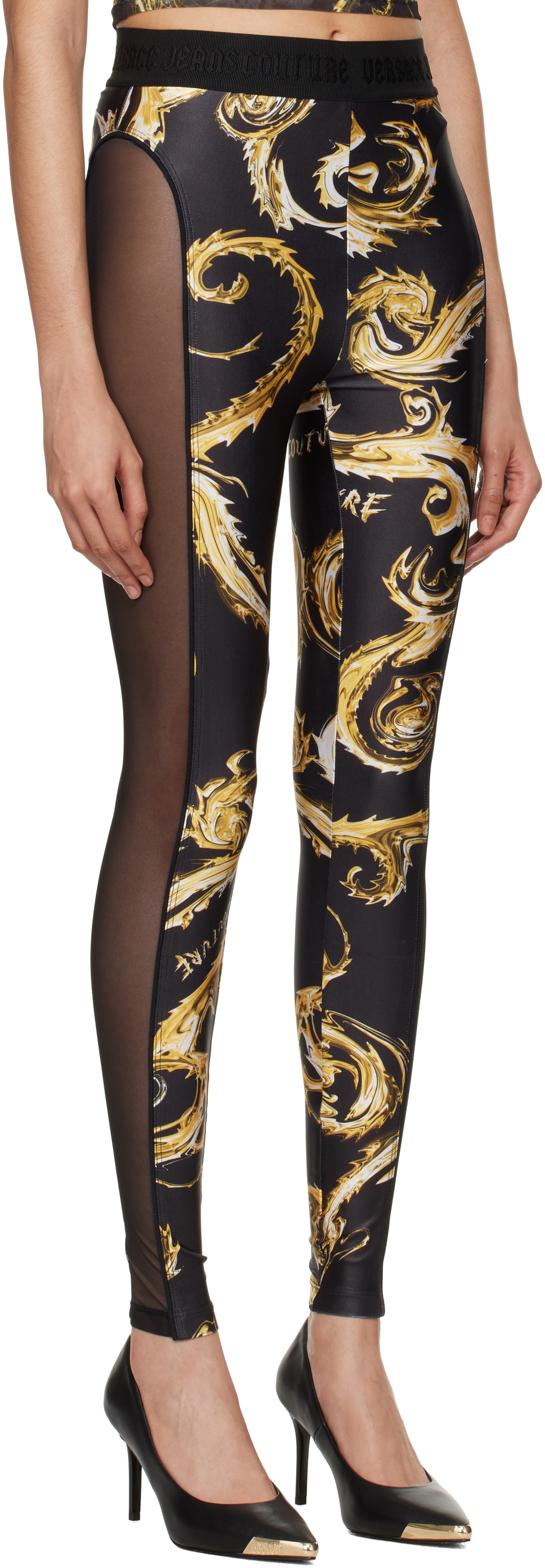 Versace Jeans Couture Black Chromo Couture Mesh Paneled Leggings Versace