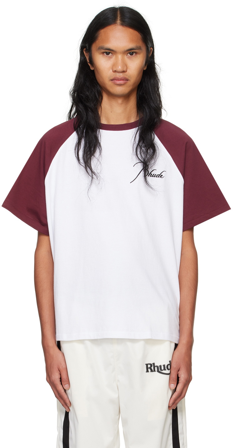 Rhude White & Burgundy Raglan Logo T-shirt Rhude