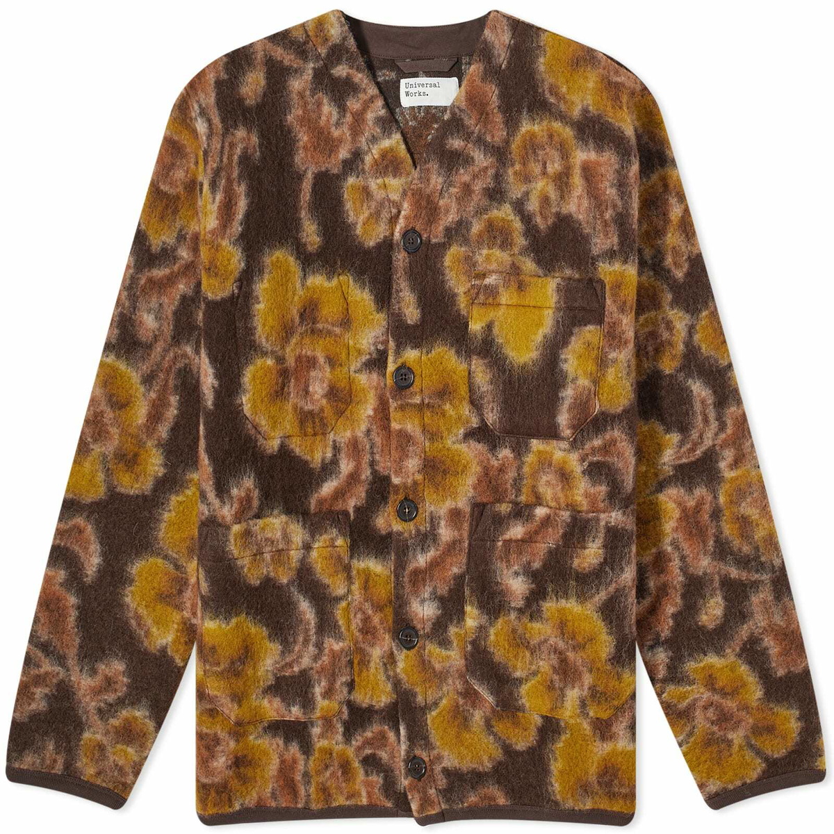 Universal Works Men's Flower Wool Fleece Cardigan in Brown Universal Works