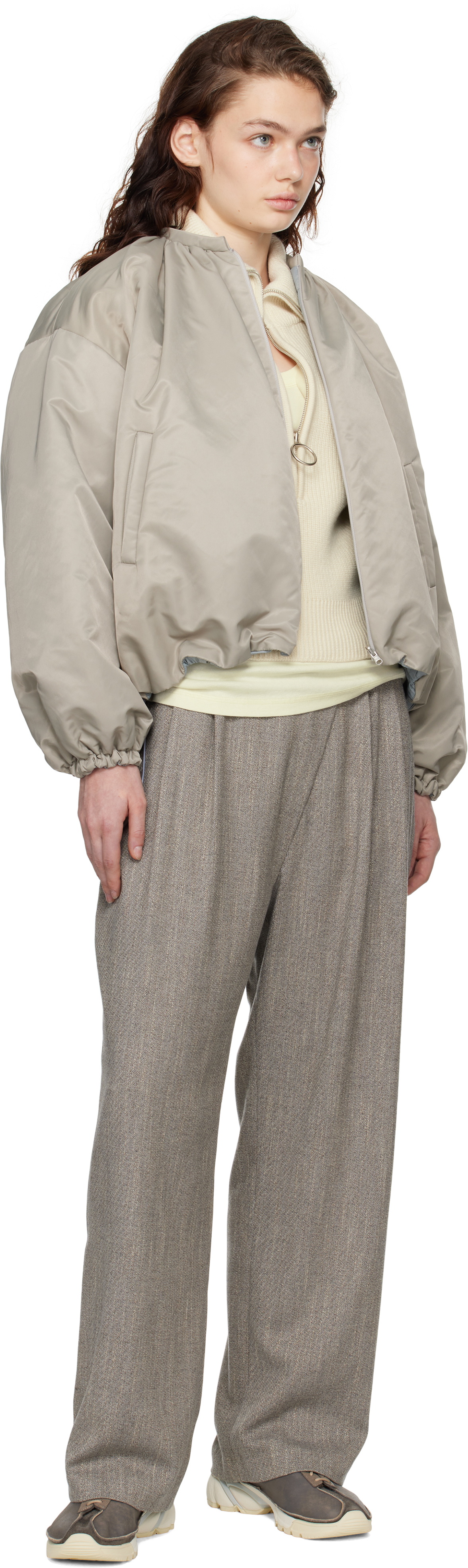 AMOMENTO Beige & Blue Quilted Padded Reversible Bomber Jacket AMOMENTO