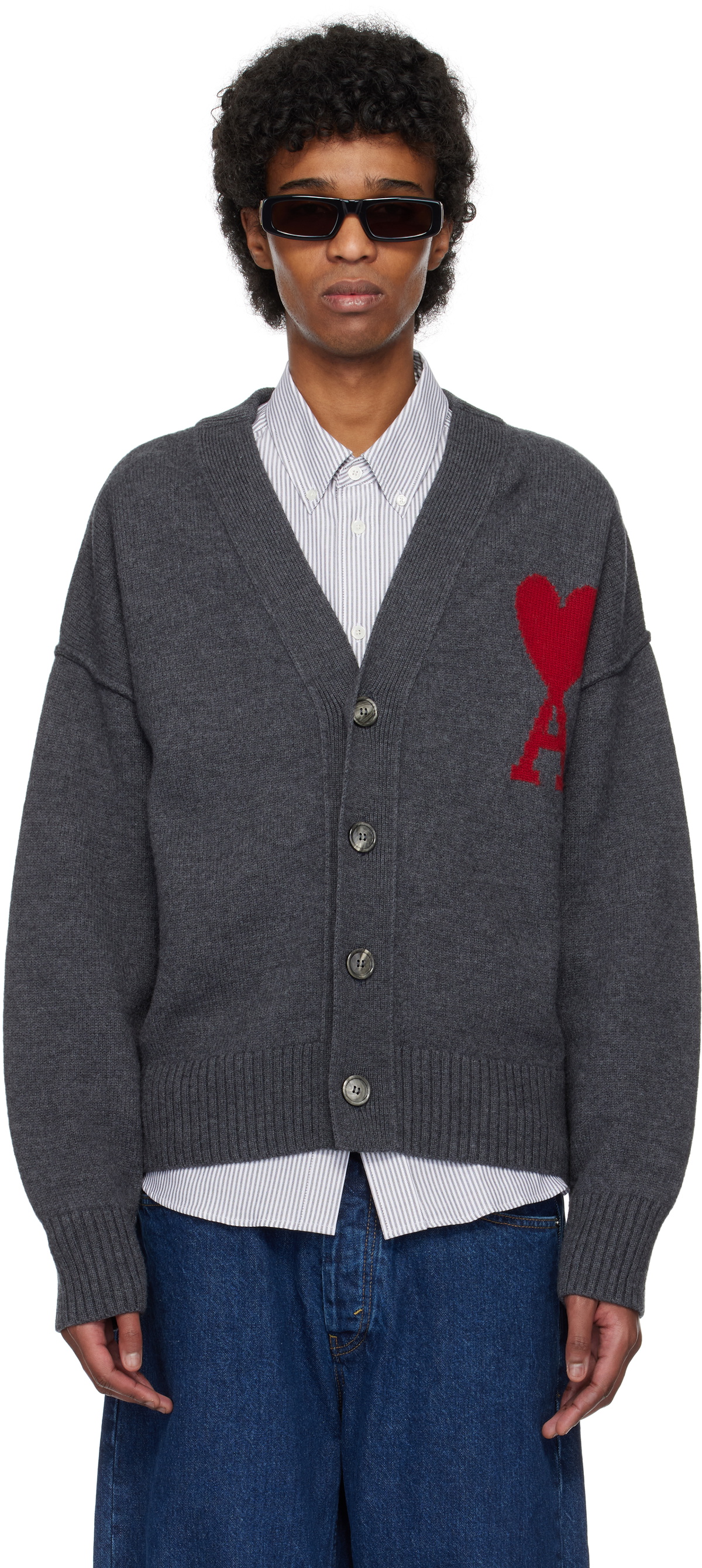 AMI Paris Gray Wool Ami de Coeur Cardigan AMI