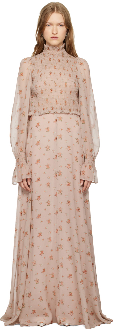 Blumarine Pink Silk Georgette Bouquet Print Maxi Dress Blumarine