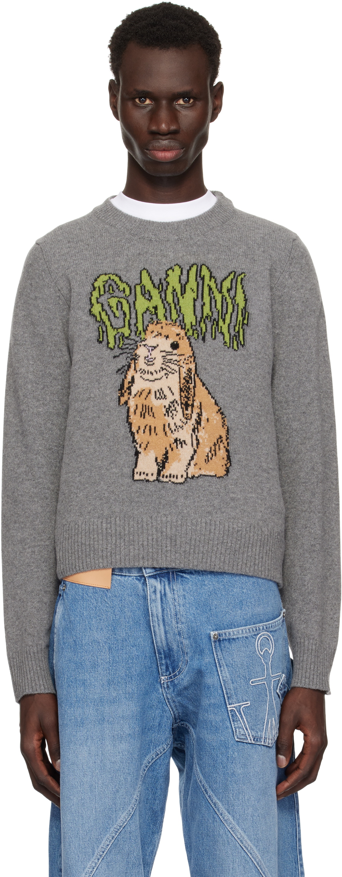GANNI Gray Graphic Bunny Sweater GANNI