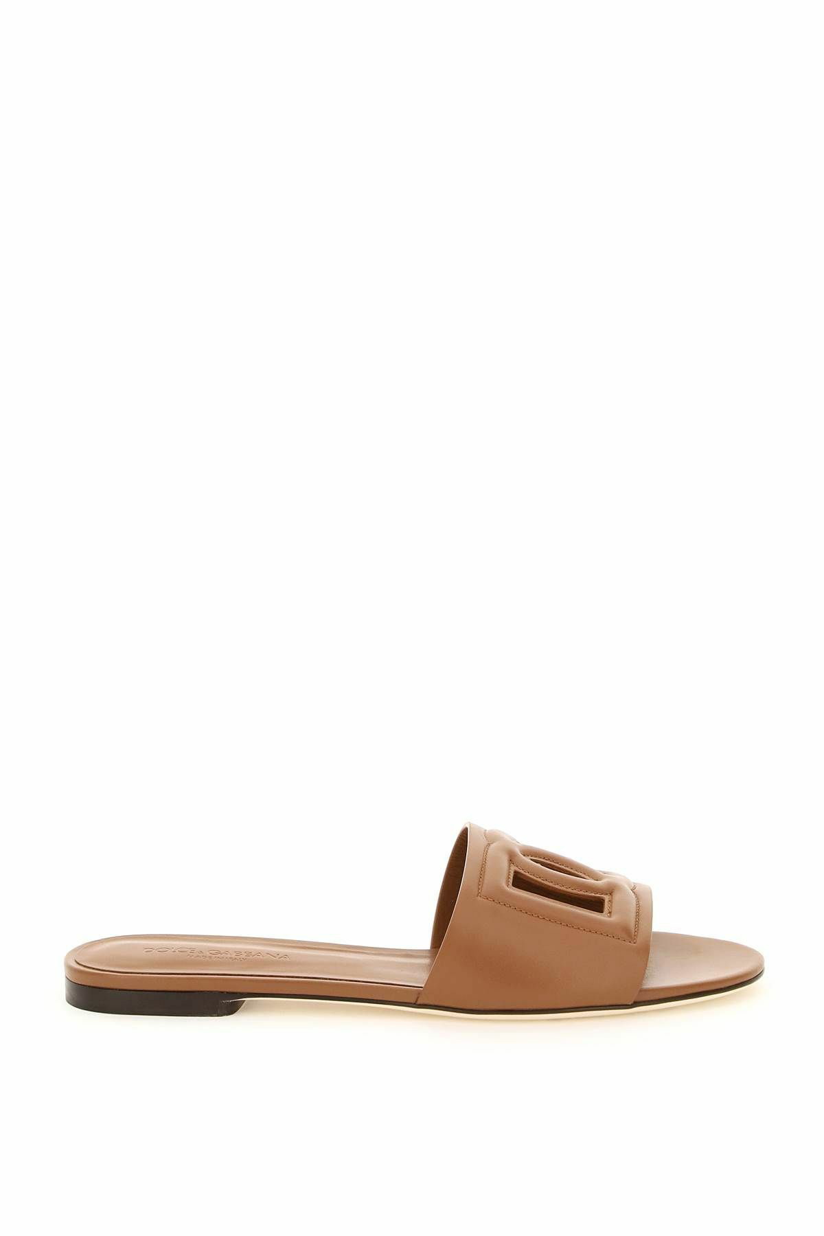 DOLCE & GABBANA leather slides with cut-out logo Brown Dolce & Gabbana