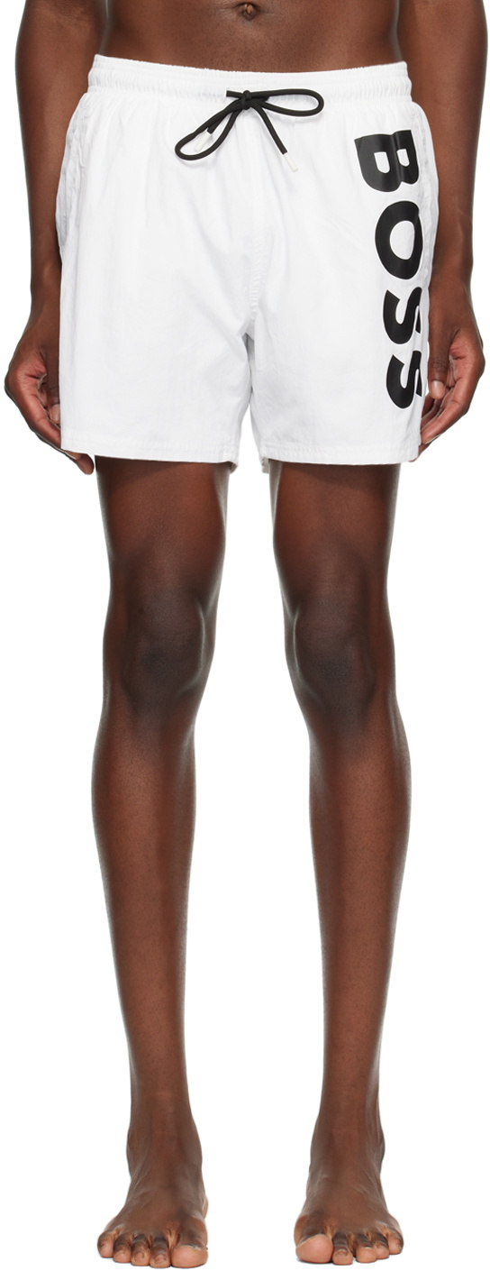 BOSS White Vertical Logo Print Swim Shorts BOSS