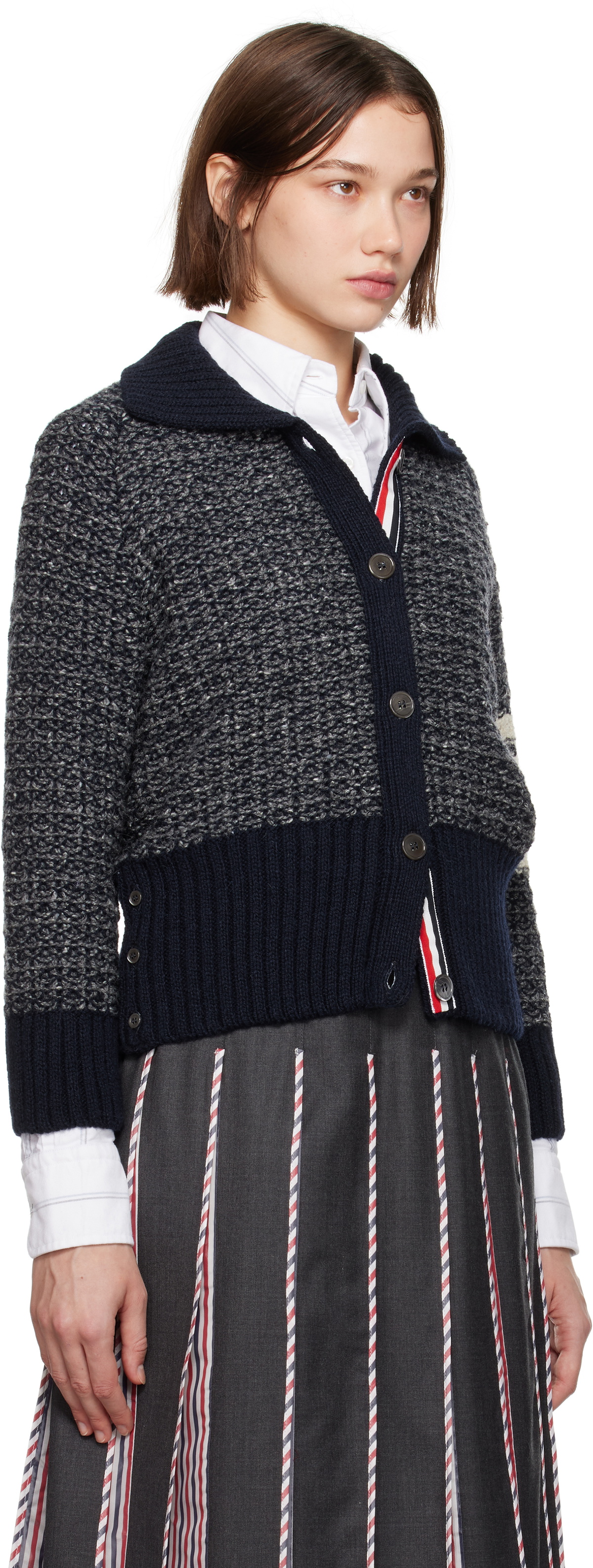 Thom Browne Navy Tuck Stitch 4-Bar Raglan Cardigan Thom Browne
