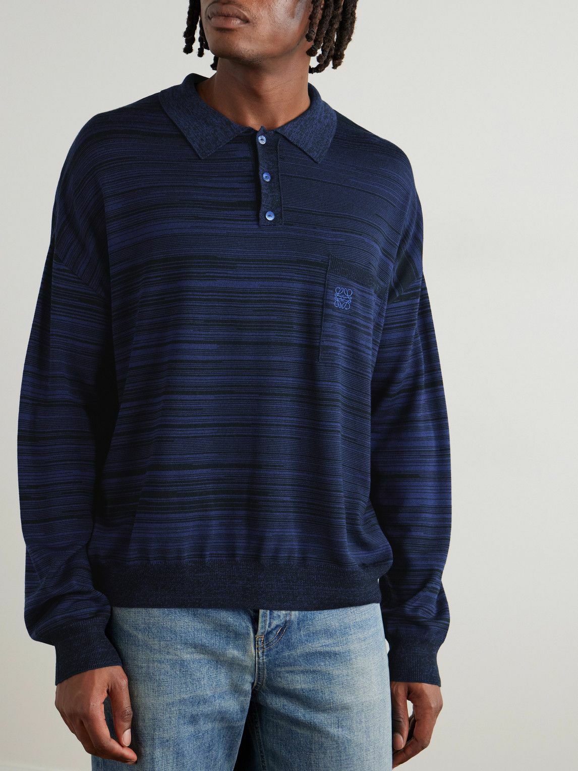 LOEWE - Logo-Embroidered Space-Dyed Wool Polo Sweater - Blue Loewe