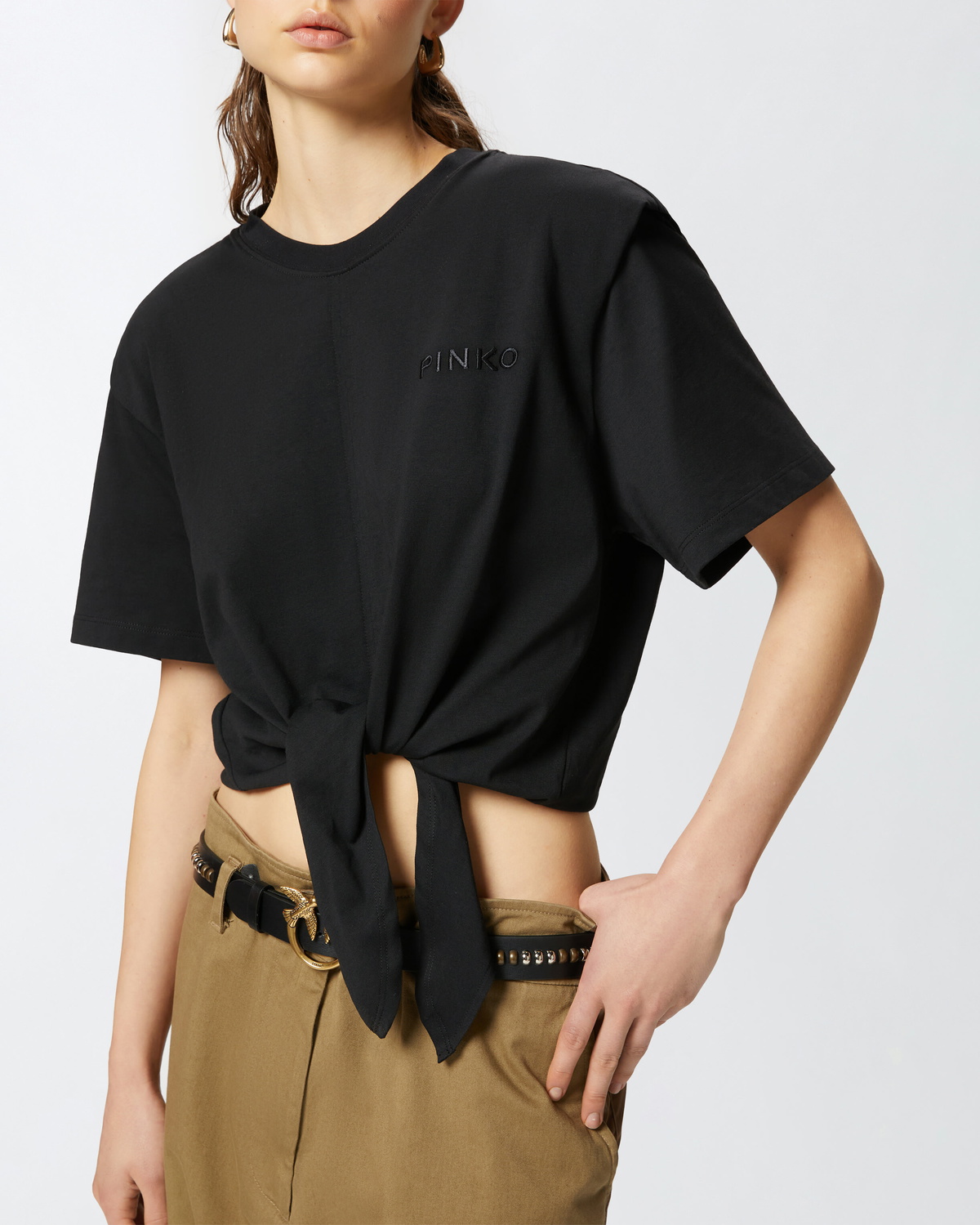 Pinko Short T Shirt With Knot In Front Limo Black Pinko