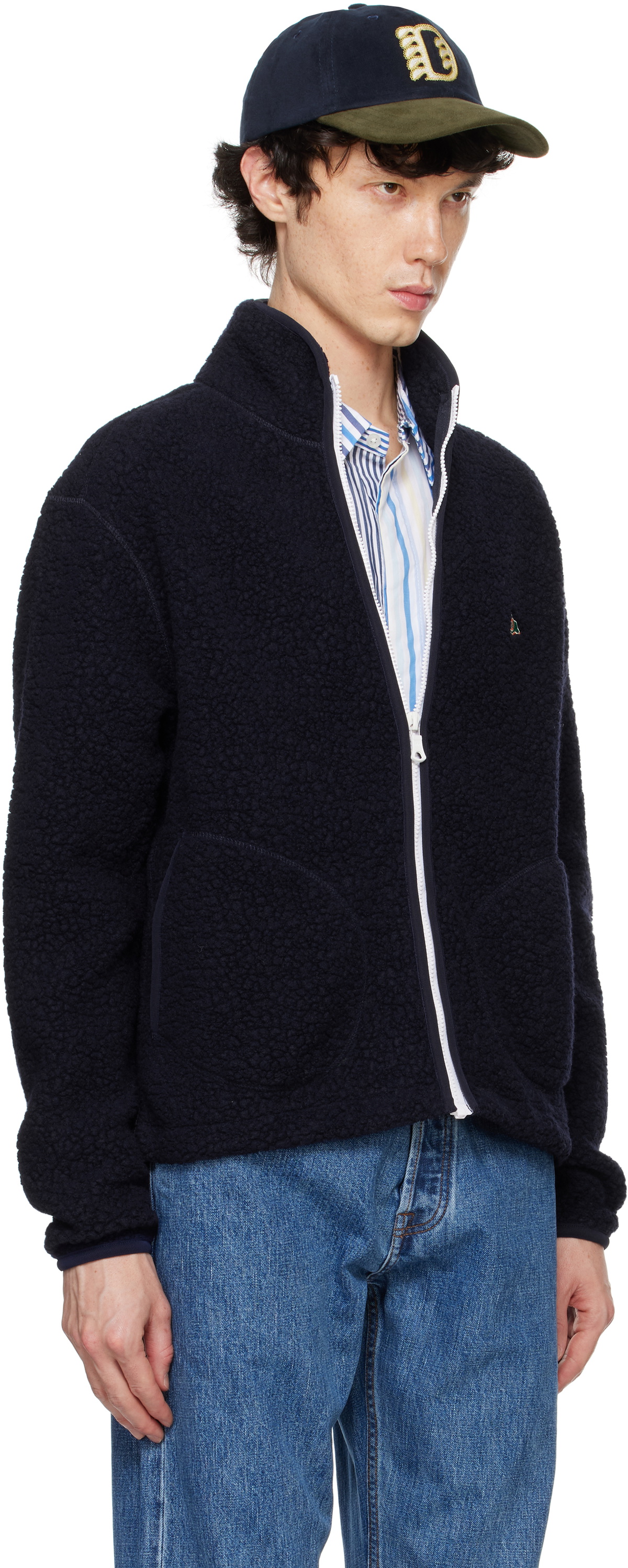 Drake's Navy Boucle Wool Zip Fleece Jacket Drake's