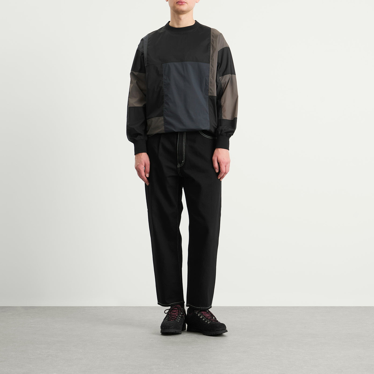 BEAMS Men's Patchwork Crew Neck in Black Beams Boy