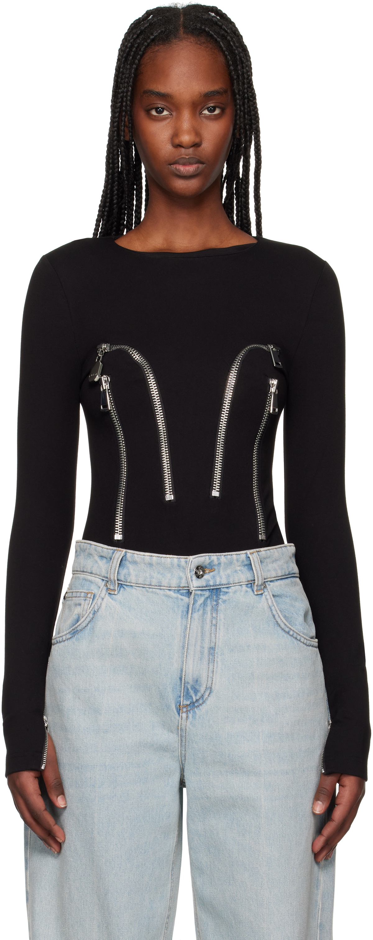 AREA Black Long Sleeve Zipper Bodysuit AREA