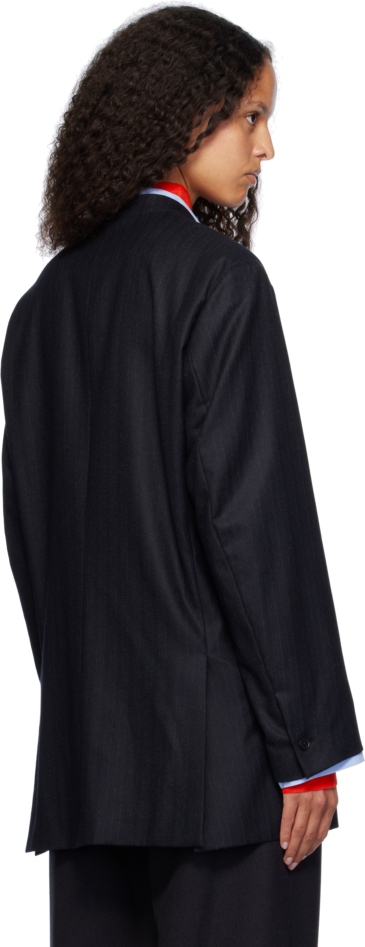 AURALEE Navy Wool Fulling Flannel Stripe Blazer Auralee