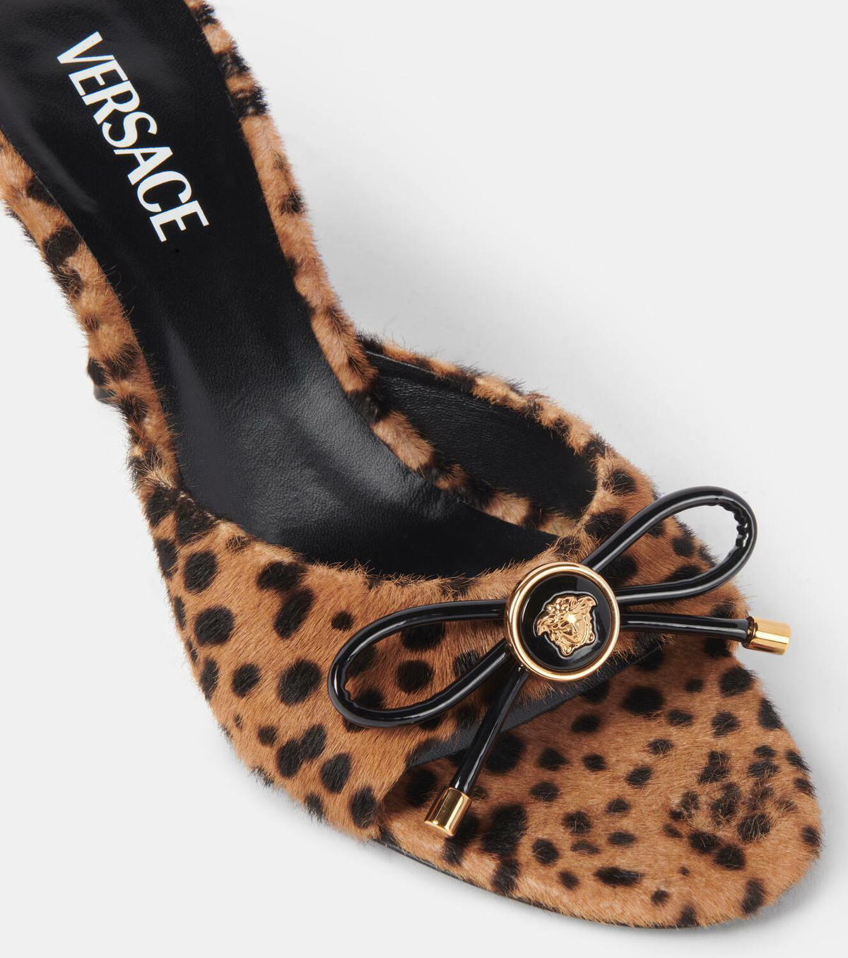 Versace Leopard Opera Bow 95 shearling mules Versace