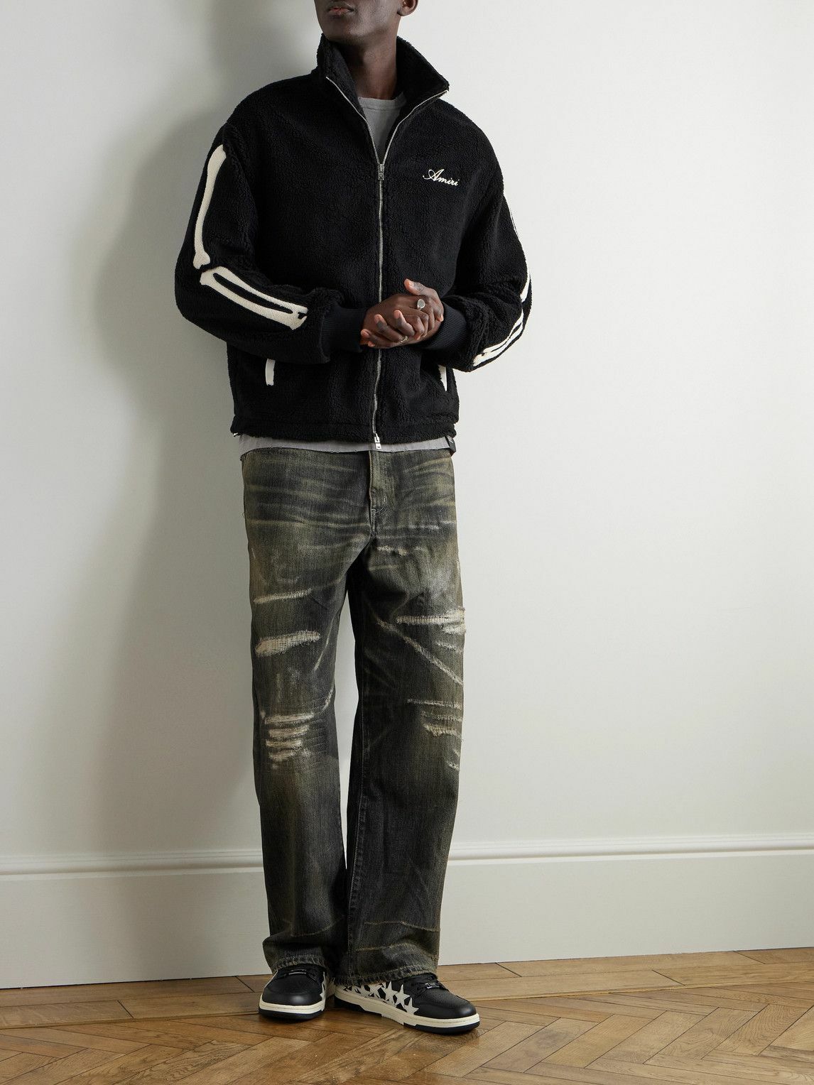 AMIRI - Bones Appliquéd Logo-Embroidered Fleece Jacket - Black Amiri